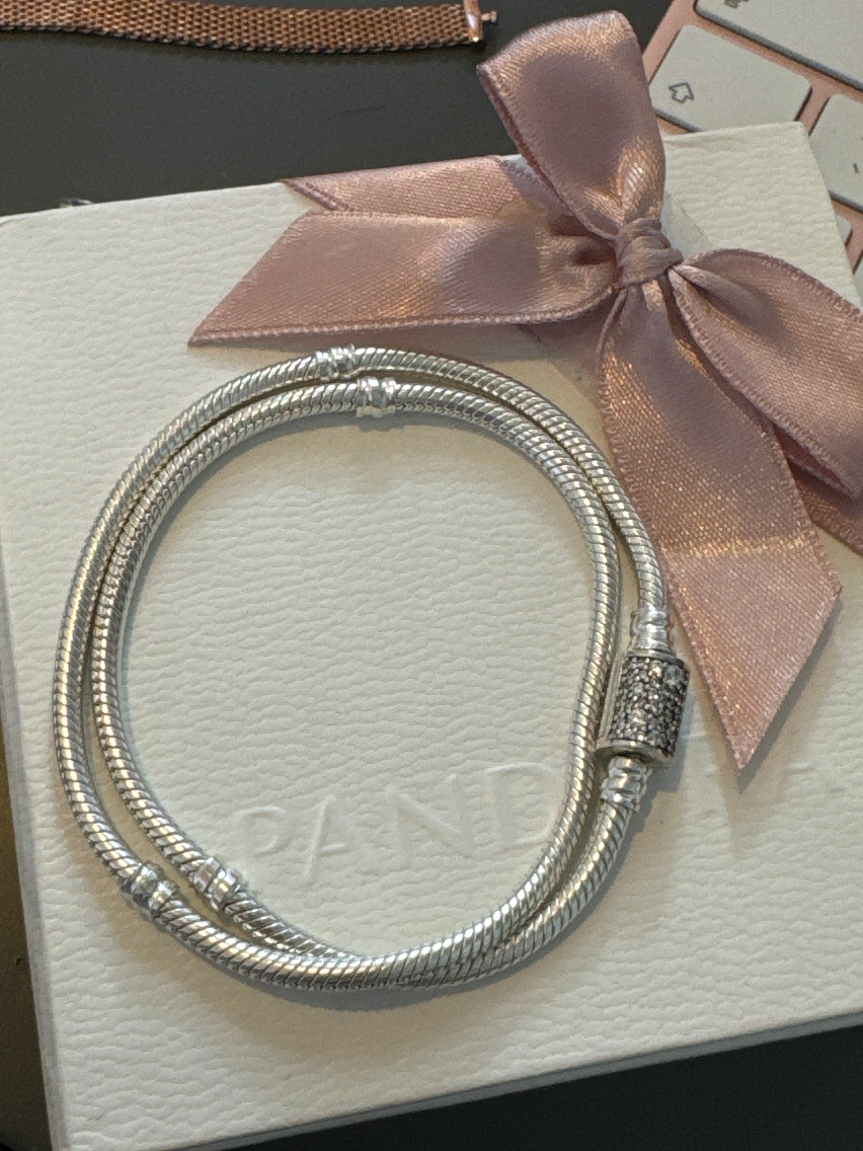 Genuine Pandora Pave Clasp Double Wrap Snake Chain Bracelet 17cm Fit ...