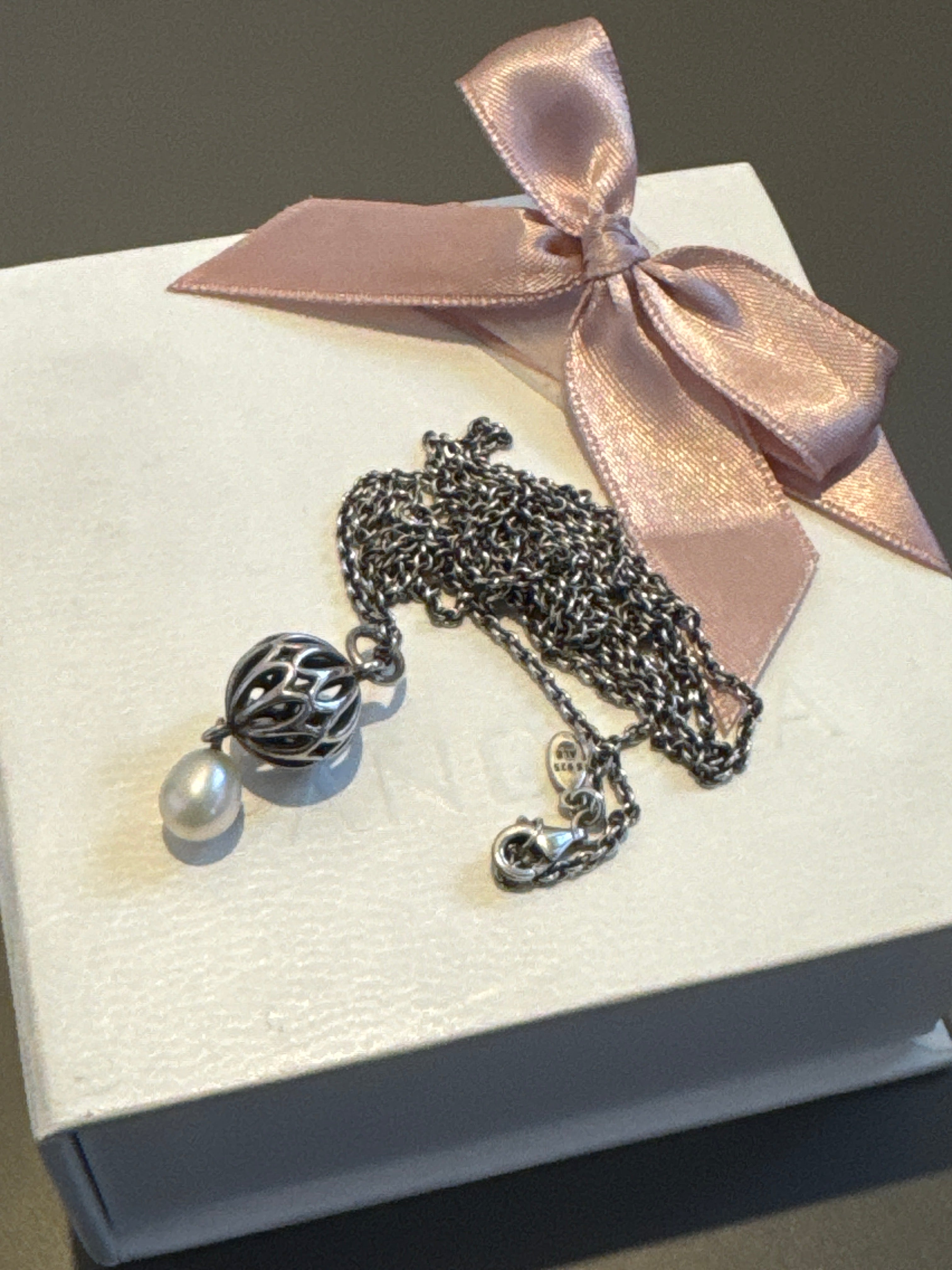 Genuine Pandora Rare Cultured Pearl & Openwork Cage Necklace 100cm Cha ...