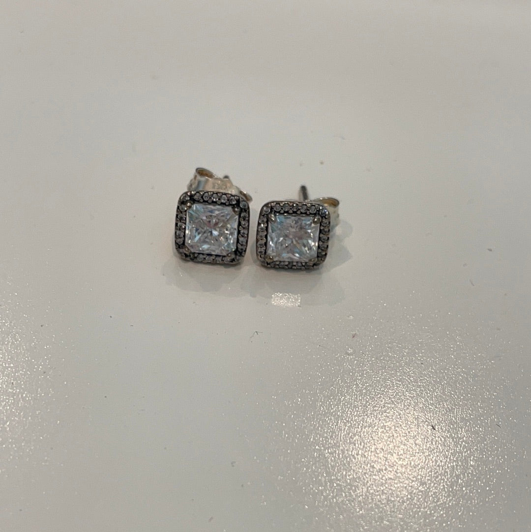 Genuine Pandora Silver / Rose Gold Pave Square Stone Sparkle Studs Ear ...